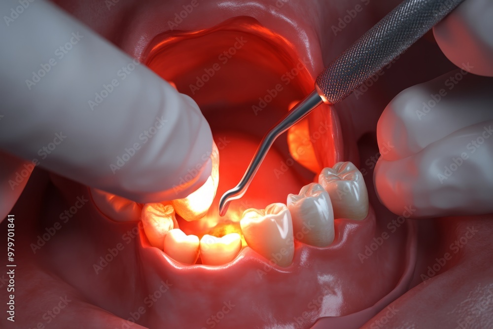 Dentist performing precise root canal treatment, removing infected pulp ...