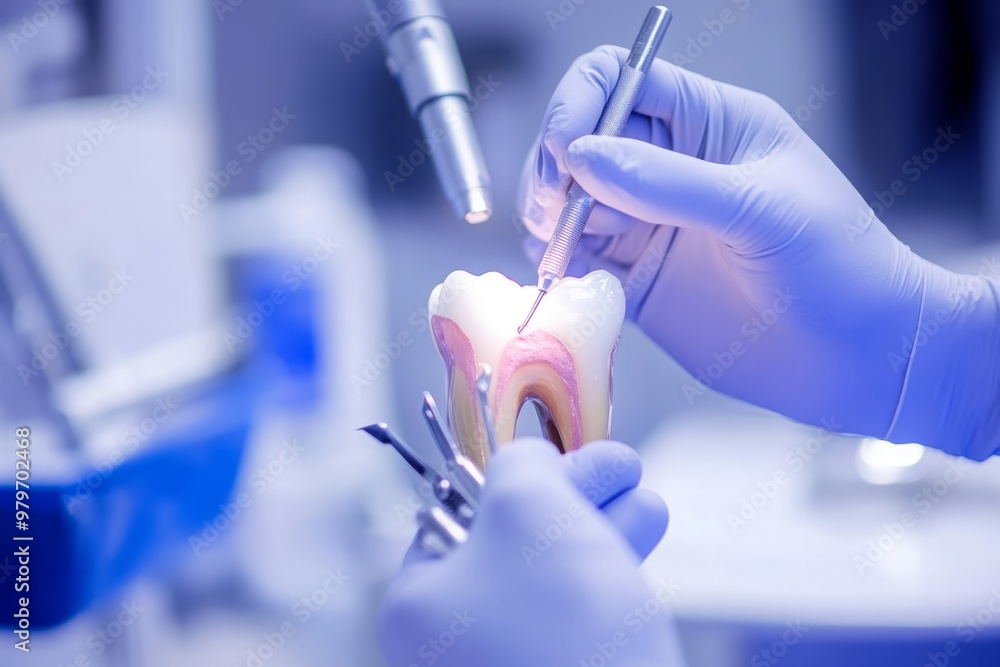 Dentist performing precise root canal treatment, removing infected pulp ...