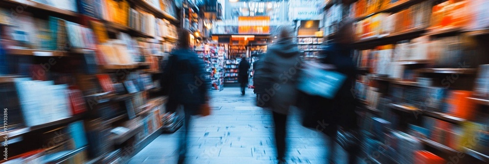 Blurred motion of shoppers browsing crowded bookstore aisles, creating ...