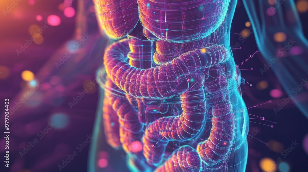 A vibrant image of a human digestive system illustration, showing the ...