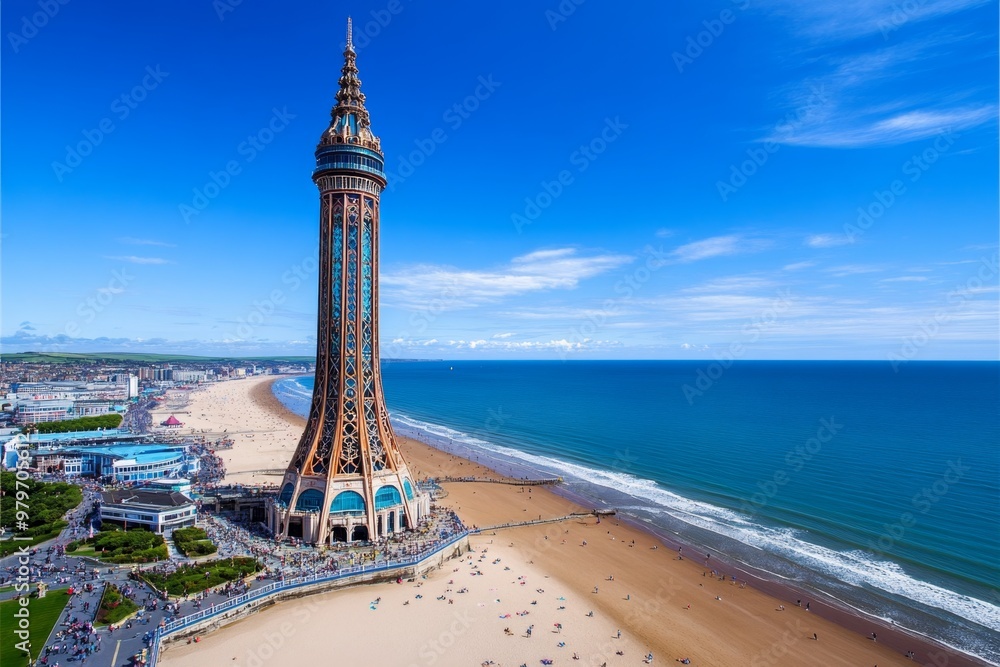 Blackpoolâ€™s iconic Blackpool Tower, standing tall against the coastal skyline, with views of ...