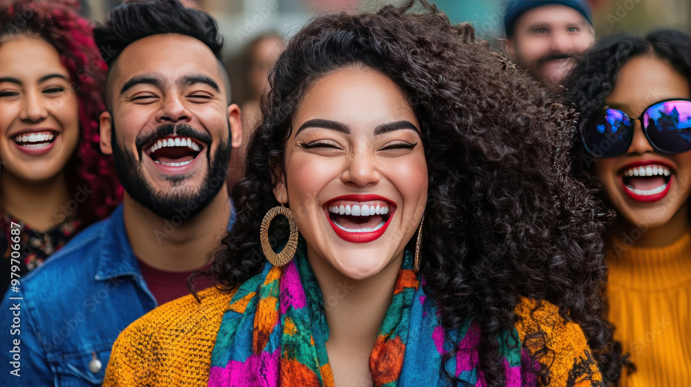 A group of diverse people laughing together in a park, radiating joy ...