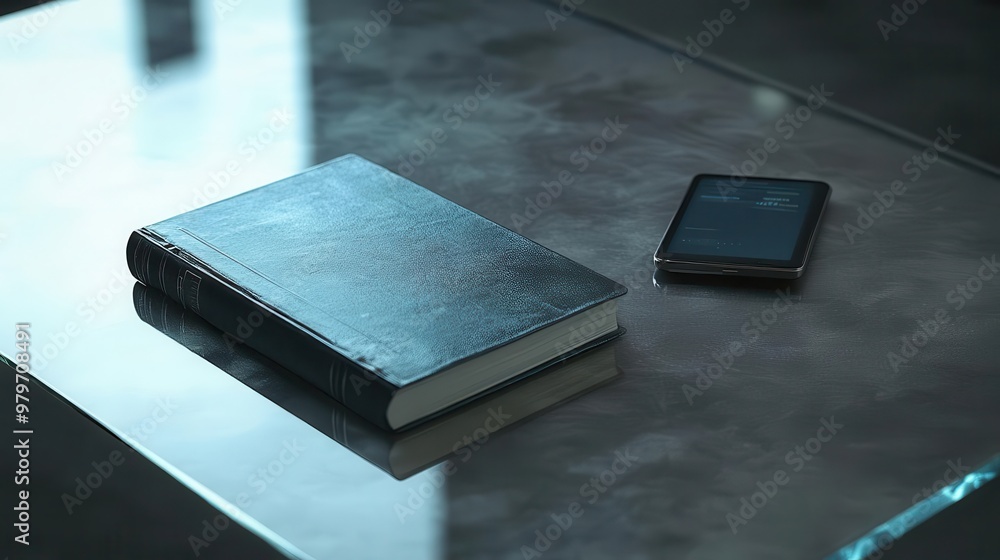 Modern depiction of a Bible on a sleek glass table, with a digital ...