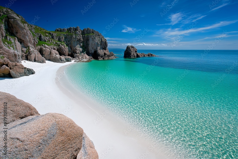 British Isles coastline at Porthcurno Beach, with white sands and ...