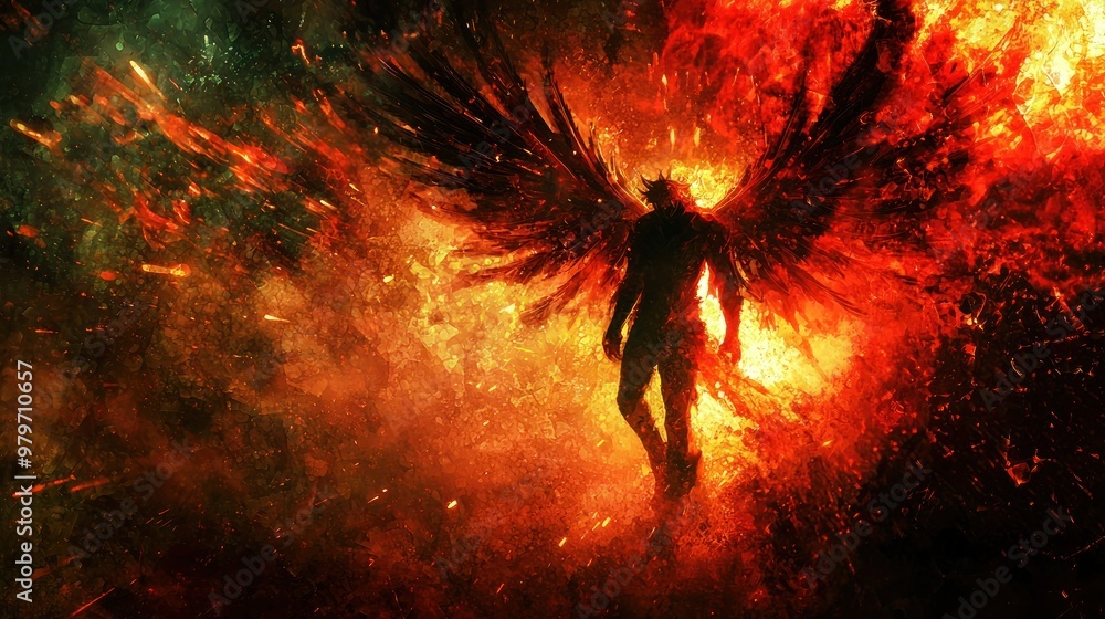 A digital artwork featuring a character with one angel wing and one ...