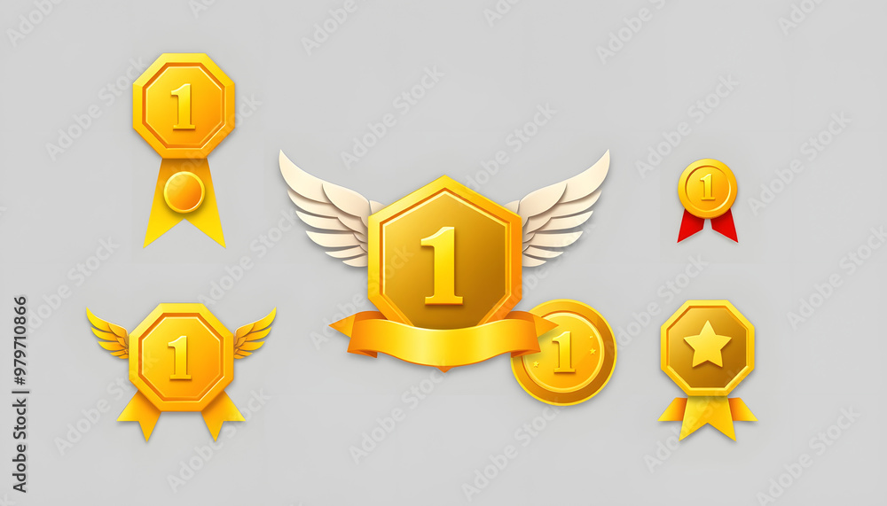 Gold game badge rank medal ui icon vector set. Isolated level trophy ...