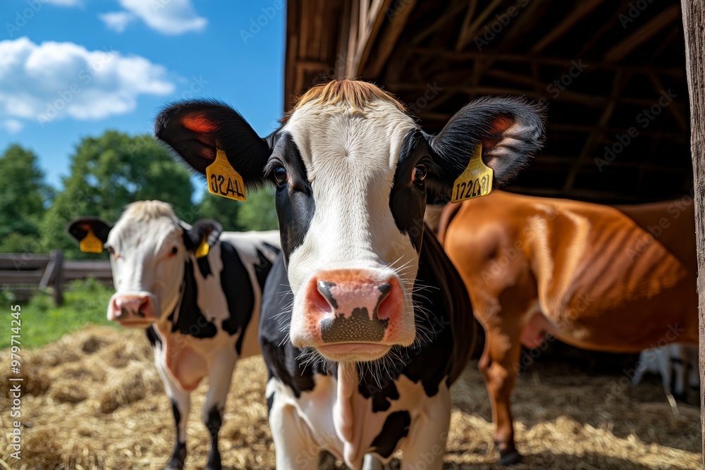 Farm animals like cows and horses standing in the shade of a barn ...