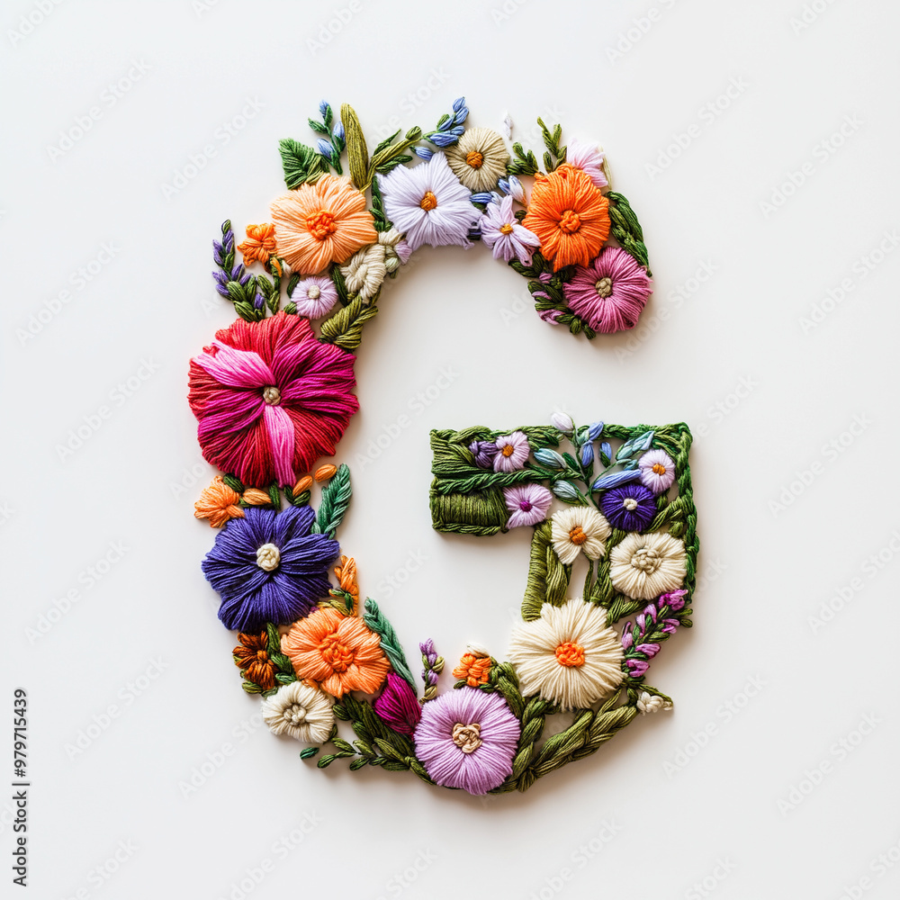Charming floral embroidery with blooming flowers in the shape of G font ...