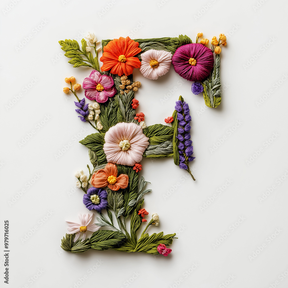 Charming floral embroidery with blooming flowers in the shape of F font ...