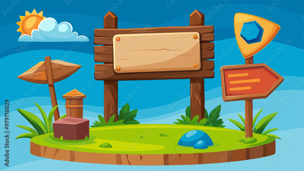 Wooden signboard rectangular, round and in shape of arrow. Cartoon ...