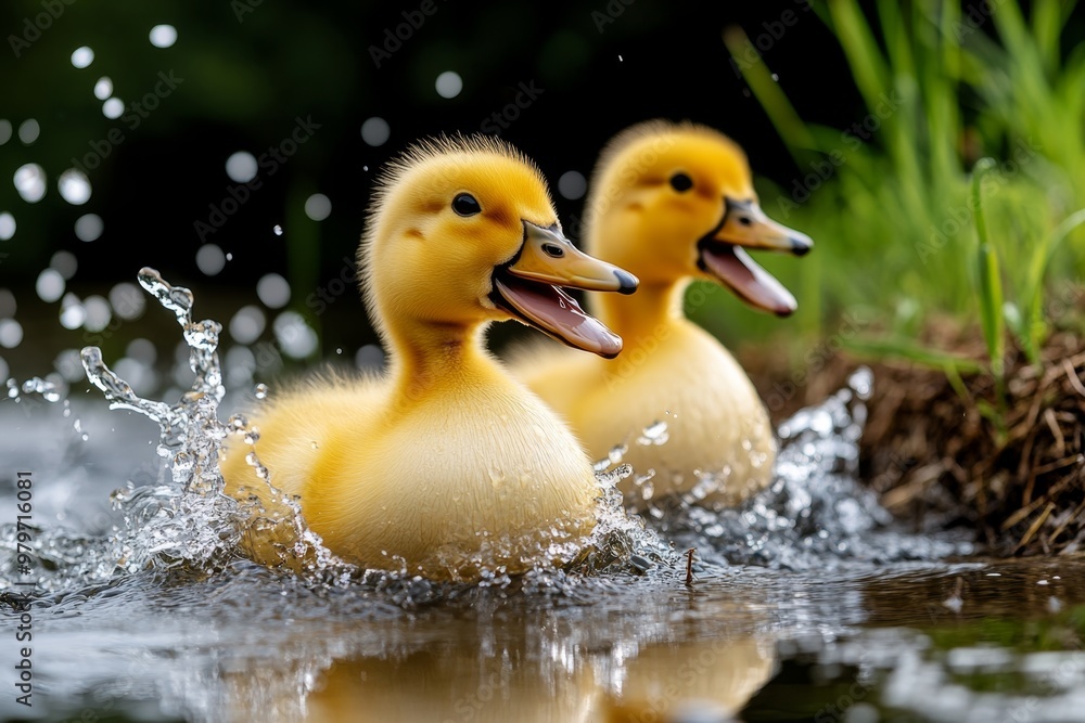 Farm animals such as ducks waddling around a small pond, splashing and ...