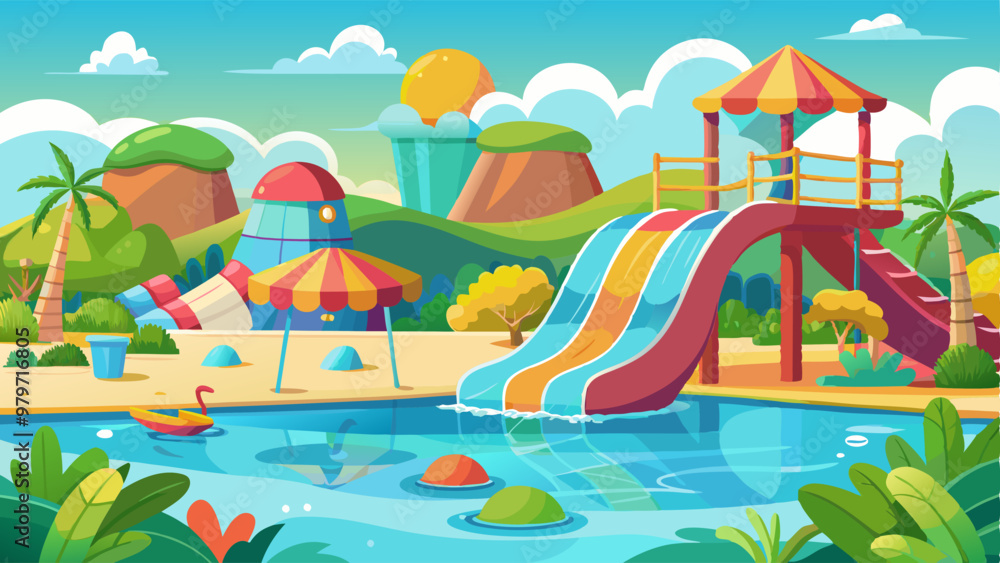 Water slide in summer aqua park swim pool cartoon background ...