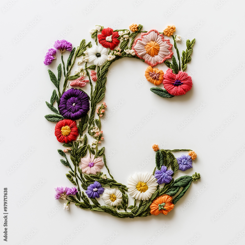 Charming floral embroidery with blooming flowers in the shape of C font ...