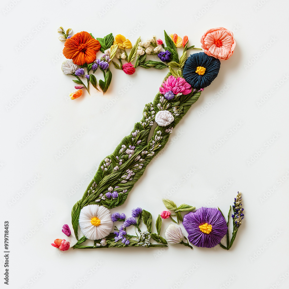 Charming floral embroidery with blooming flowers in the shape of Z font ...