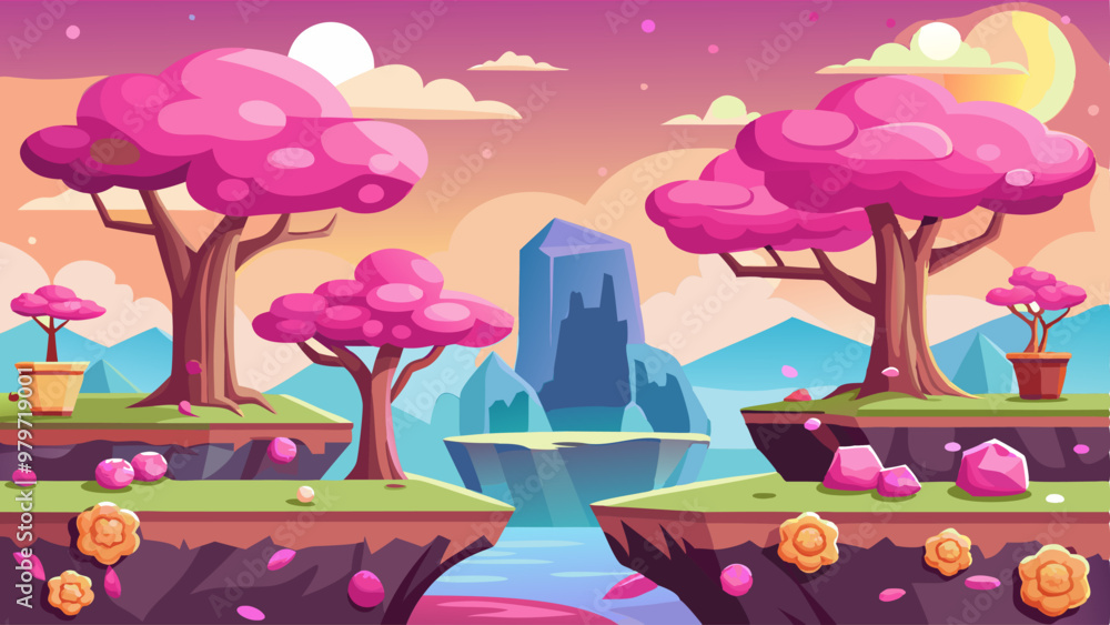 Pink forest game background with floating platforms. Vector cartoon ...