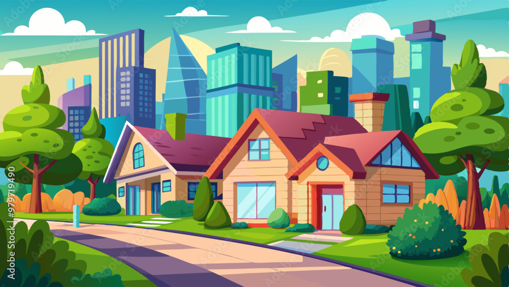 Suburban town street against big city background. Vector cartoon ...