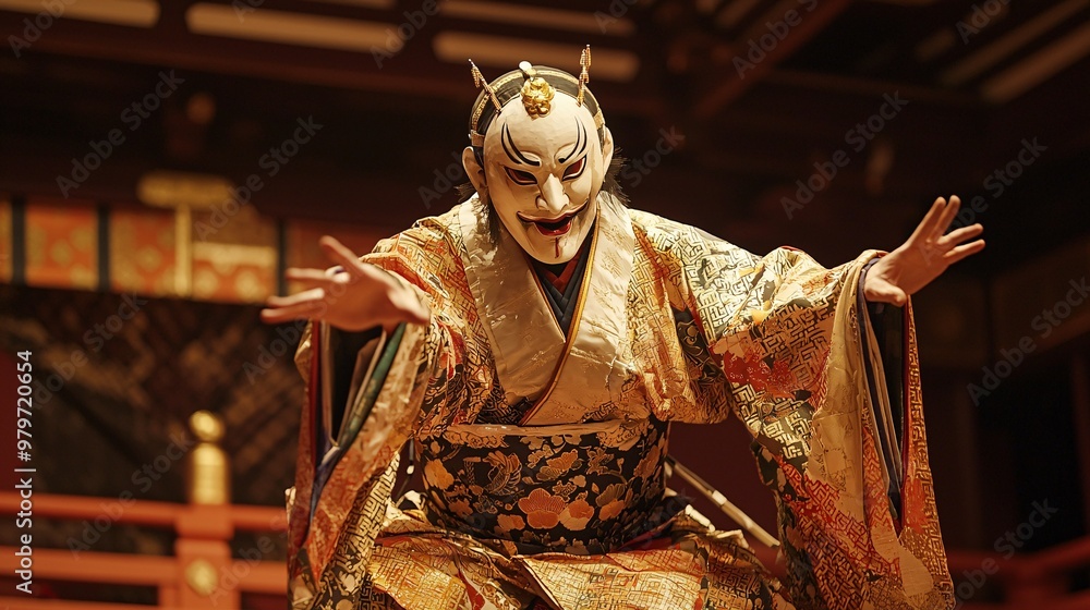 Japanese Noh Performer in Traditional Mask and Costume on Stage Stock ...