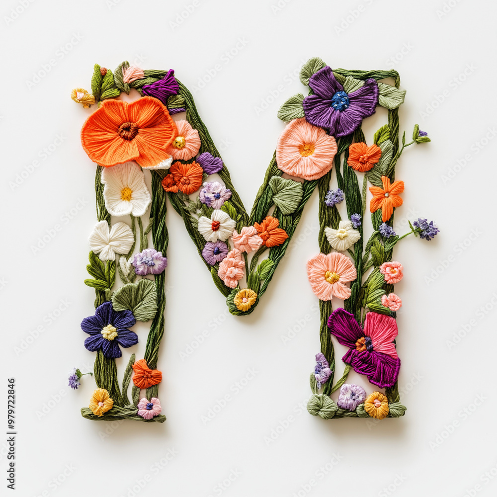 Charming floral embroidery with blooming flowers in the shape of M font ...