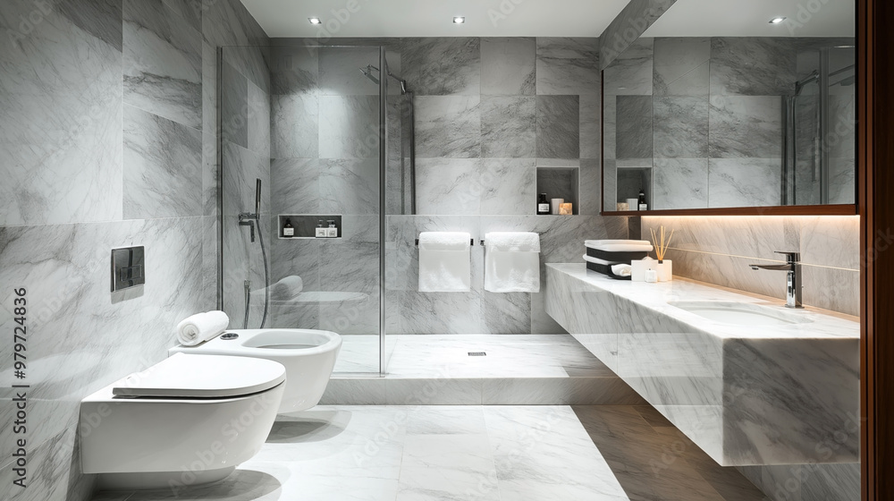 Modern, luxurious bathroom with marble walls and flooring. Features a ...
