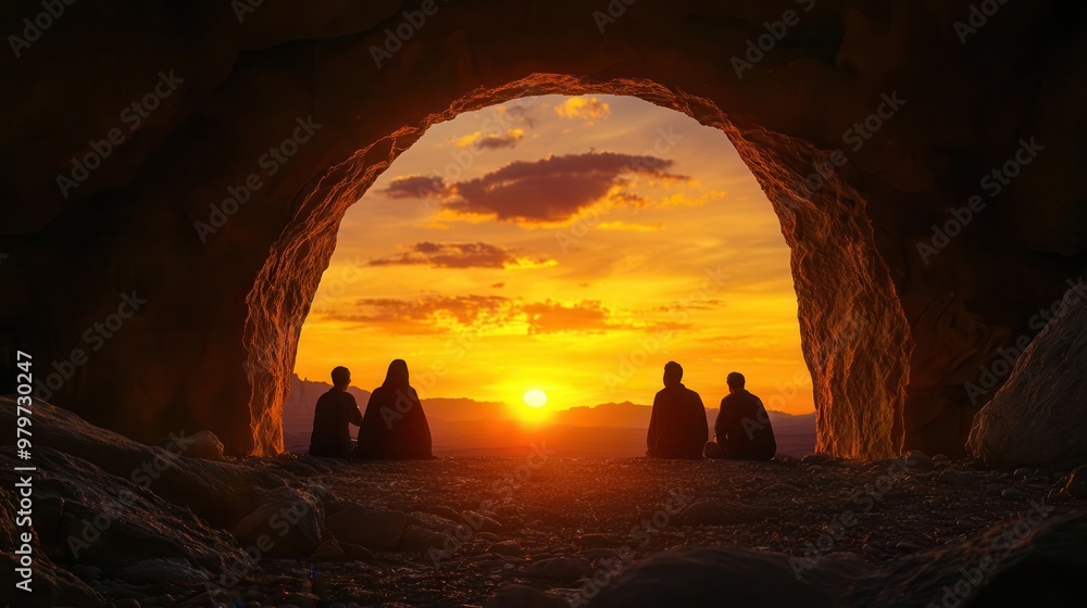 The disciples witnessing the empty tomb at dawn, glowing light pouring ...