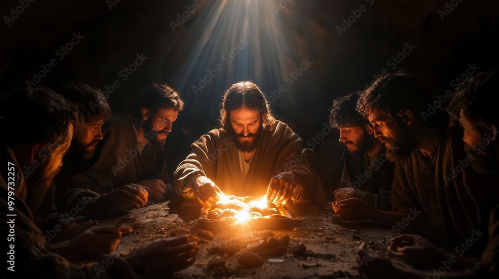 Jesus breaking bread with the disciples after the resurrection, light ...