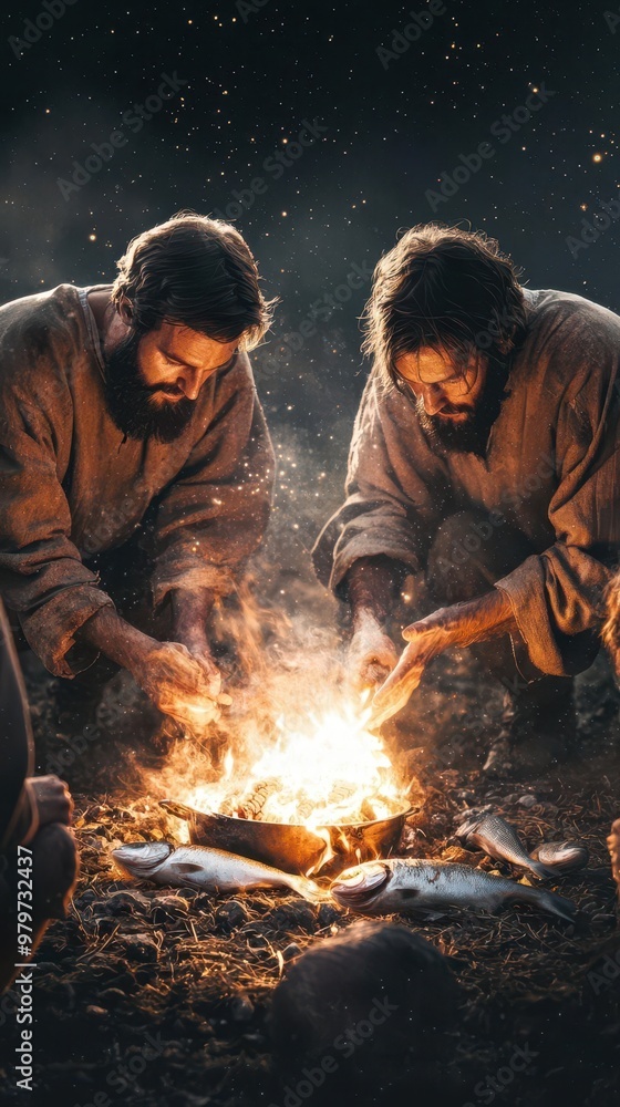 Jesus meeting his disciples by the fire, cooking fish, glowing light ...