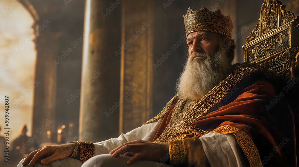 Wise King Solomon from the Bible, sitting on his throne gifted by the ...