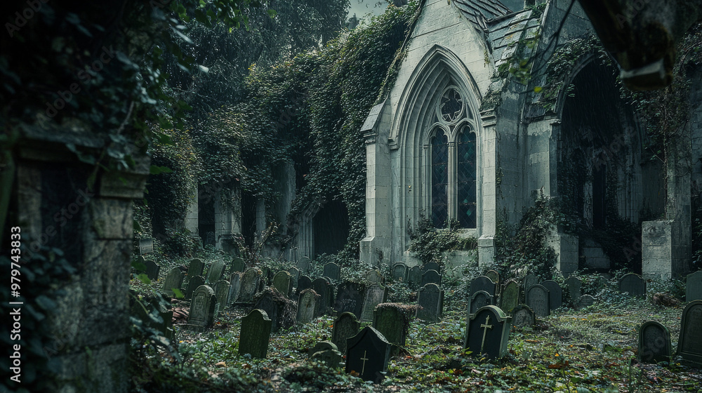 Photograph of an apocalyptic church, desolate and overrun by nature, in ...