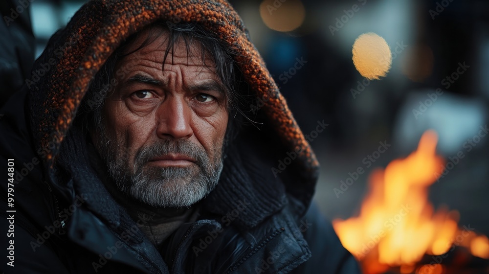 Homeless Hispanic man sitting by fire in barrel, empty lot, trying to ...