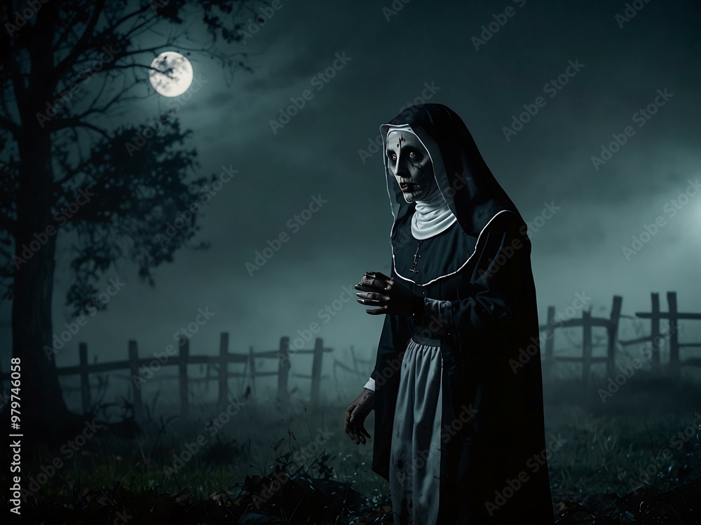 Horror scene of a zombie nun in the mist under a full moon. Stock ...