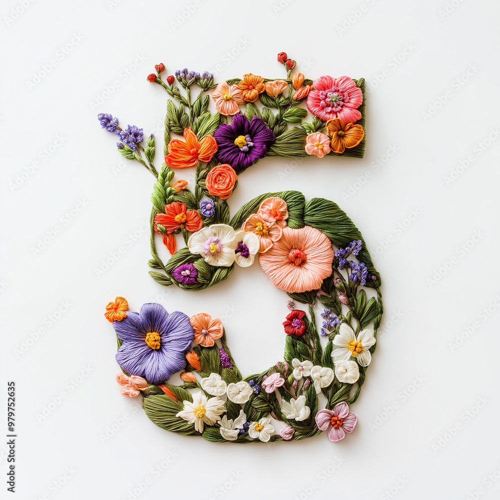 Charming floral embroidery with blooming flowers in the shape of Number ... Charming floral embroidery with blooming flowers in the shape of Number ...