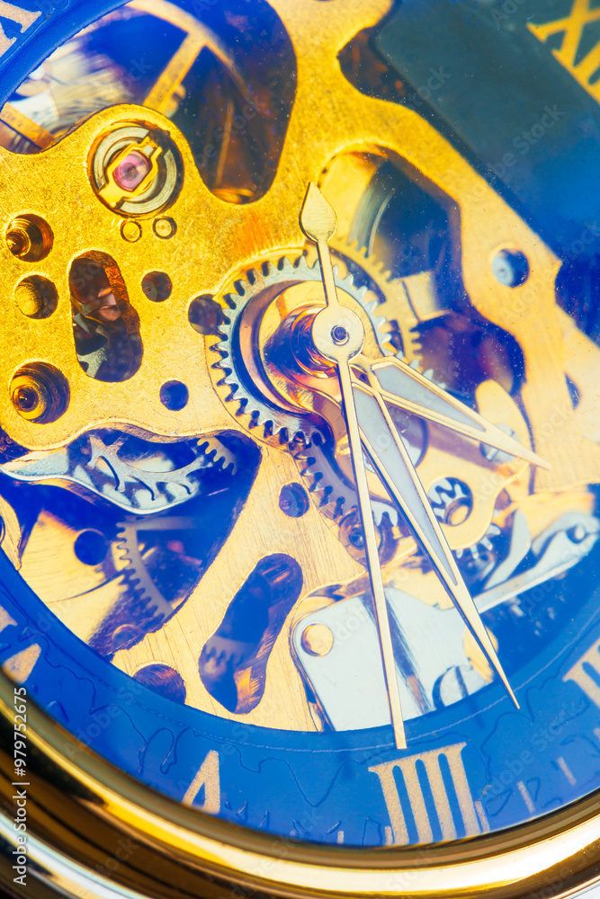 Clock mechanism, macro winding,Close-up of the internal mechanism of a ...