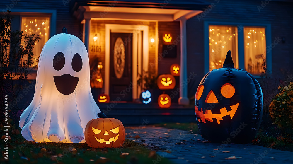 Illuminated night Halloween house yard decorations with inflatable ...
