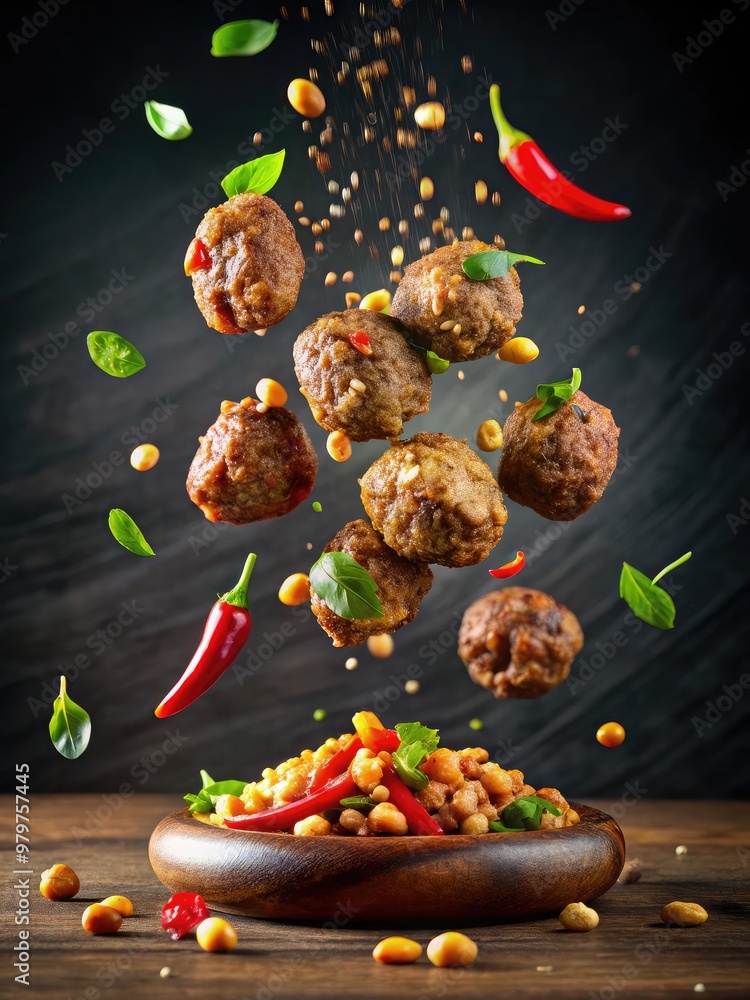 High-resolution action shot of fried meatballs mid-air, surrounded by ...