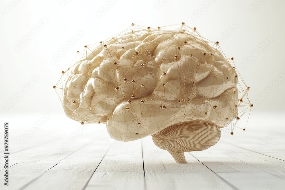Minimalist 3D model of a human brain with floating red nodes ...