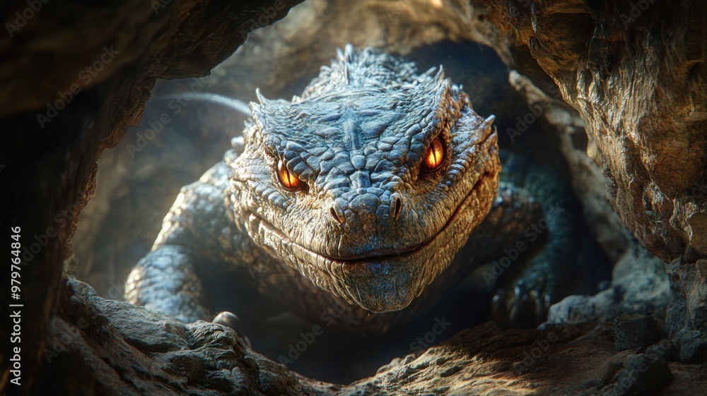 Detailed basilisk emerging from a cave, deadly gaze turning a warrior ...