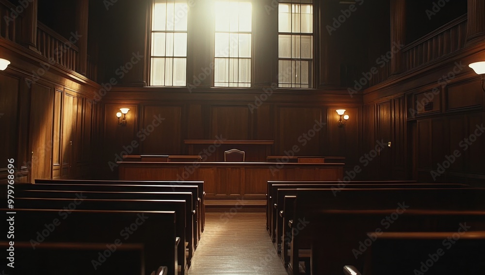 A courtroom with wooden paneling and windows, featuring an empty judge ...