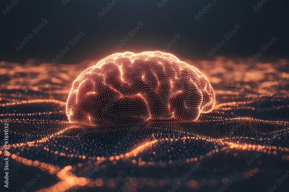 Glowing digital brain resting on a dark futuristic surface symbolizing ...