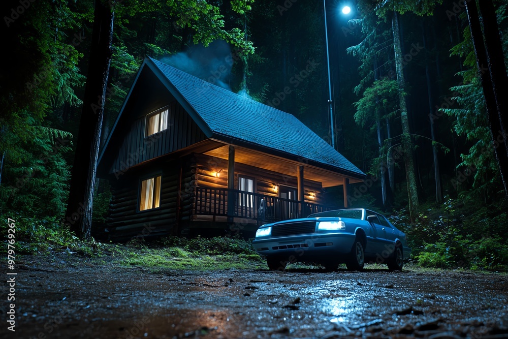 A horror scene in a creepy cabin in the woods, where strange things ...