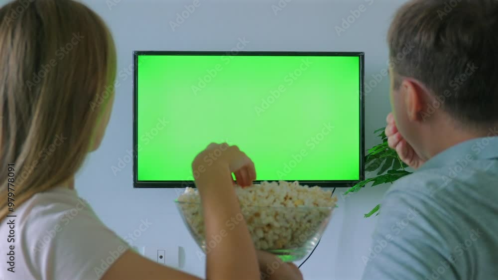 Couple enjoying relaxing evening together, watching TV with bowl of ...