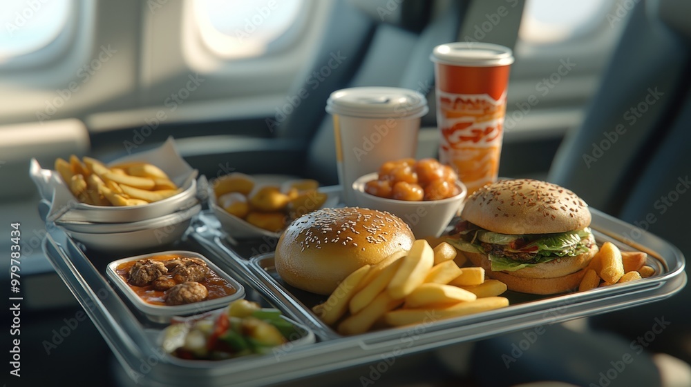 An airplane meal tray featuring different food items, representing ...