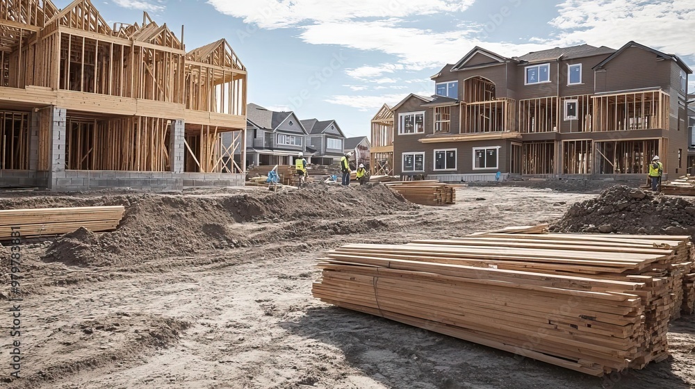 Construction site showing new homes being built with wooden frames and ...