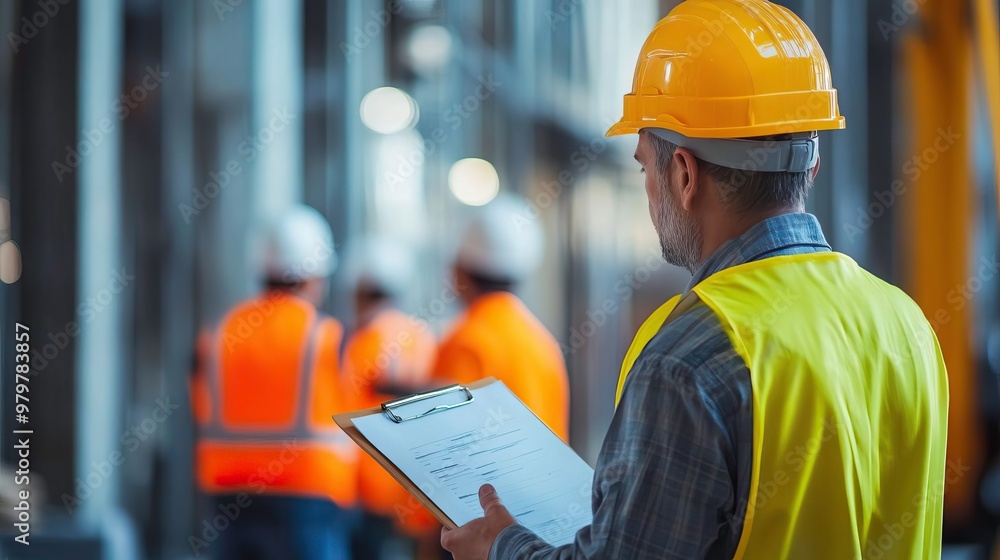 Construction worker monitors site progress with clipboard, ensuring ...
