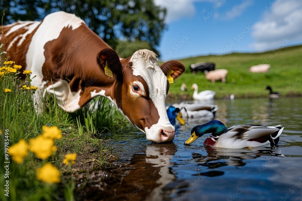 Farm animals grazing beside a tranquil pond, with ducks swimming and ...