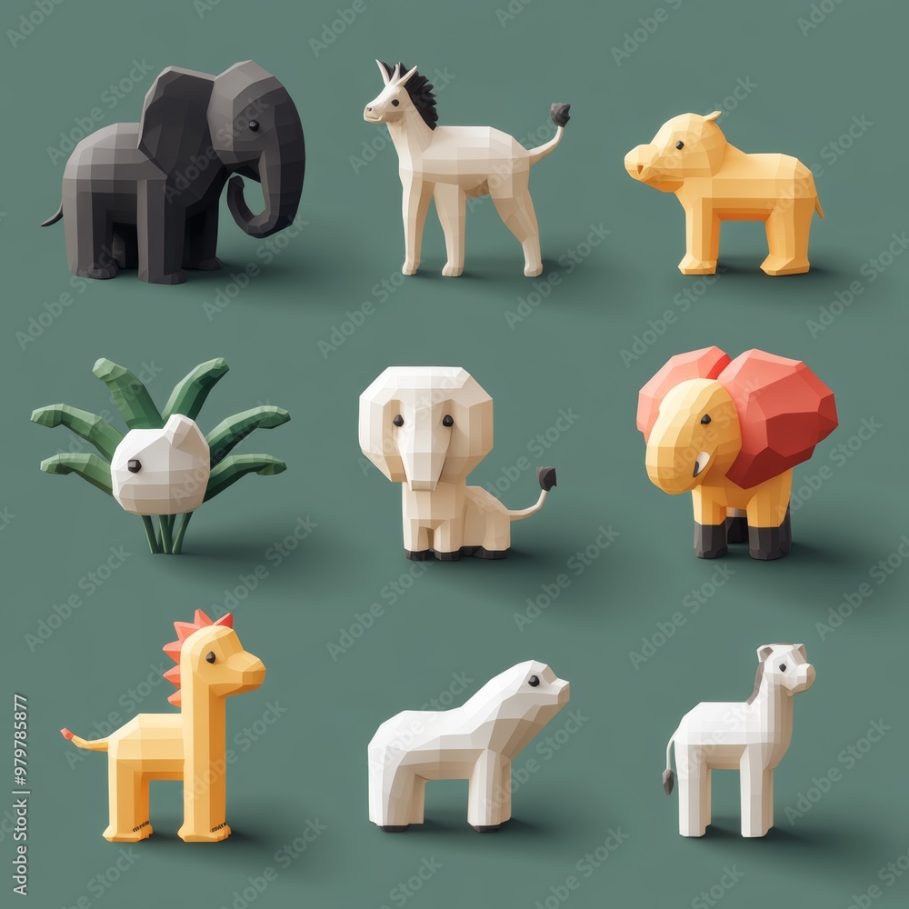 Low Poly Animal Collection Elephant Unicorn Rhinoceros Lion Zebra Polar ...