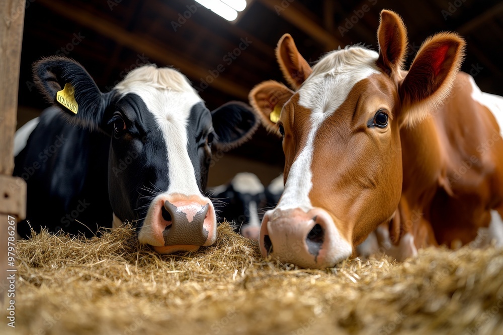Farm animals like cows and horses enjoying fresh hay in the barn during ...