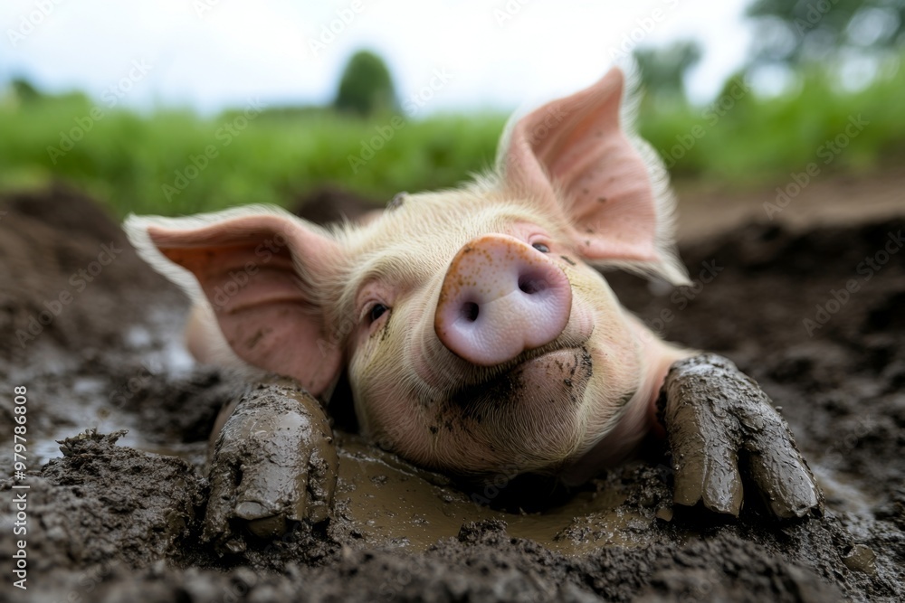 Farm animals like pigs rolling in the mud, cooling off on a hot ...