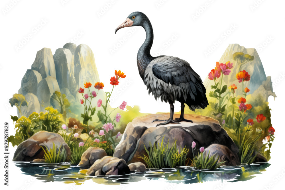 Illustration of a dodo bird in an imaginative landscape, capturing ...