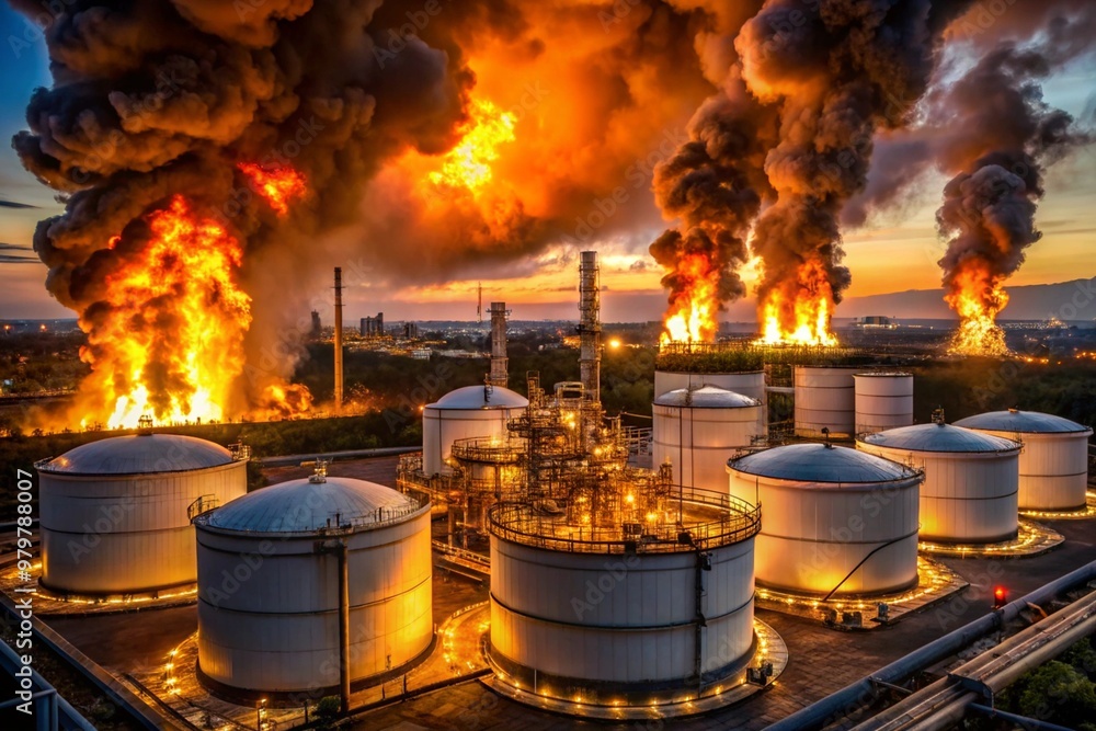 Fire. White spherical tanks for storing oil on fire at an outdoor ...