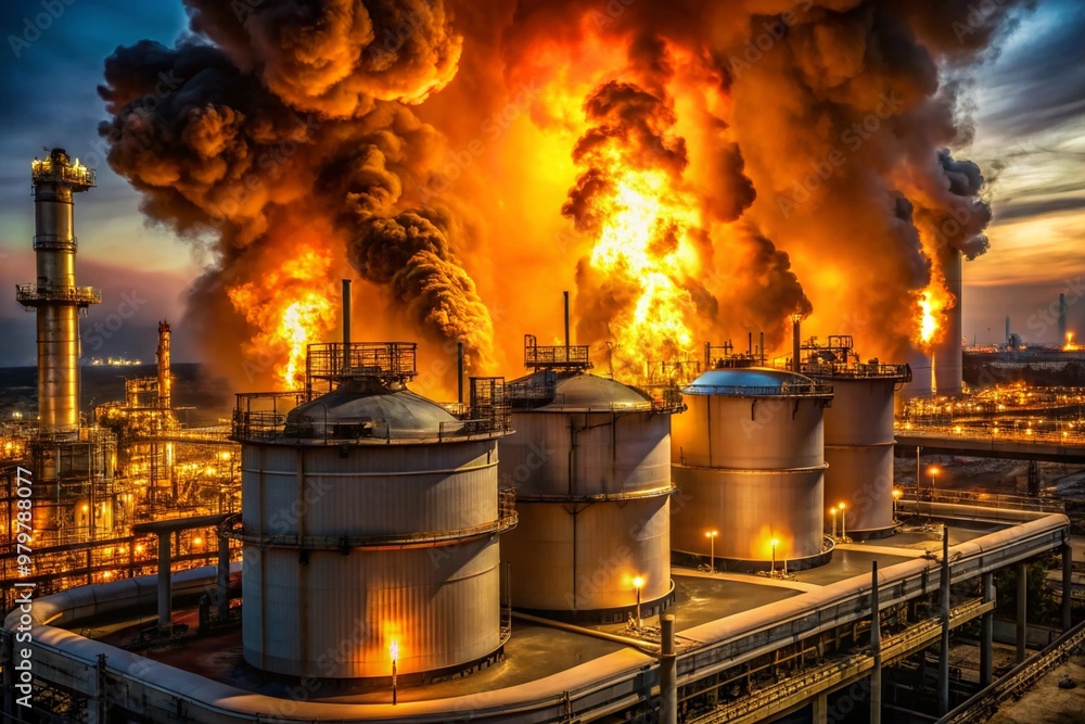 Fire. White spherical tanks for storing oil on fire at an outdoor ...